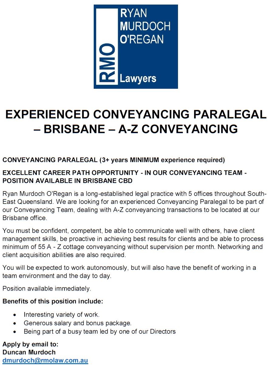 We Are Hiring! Conveyancing Paralegal - Brisbane Office | RMO Law